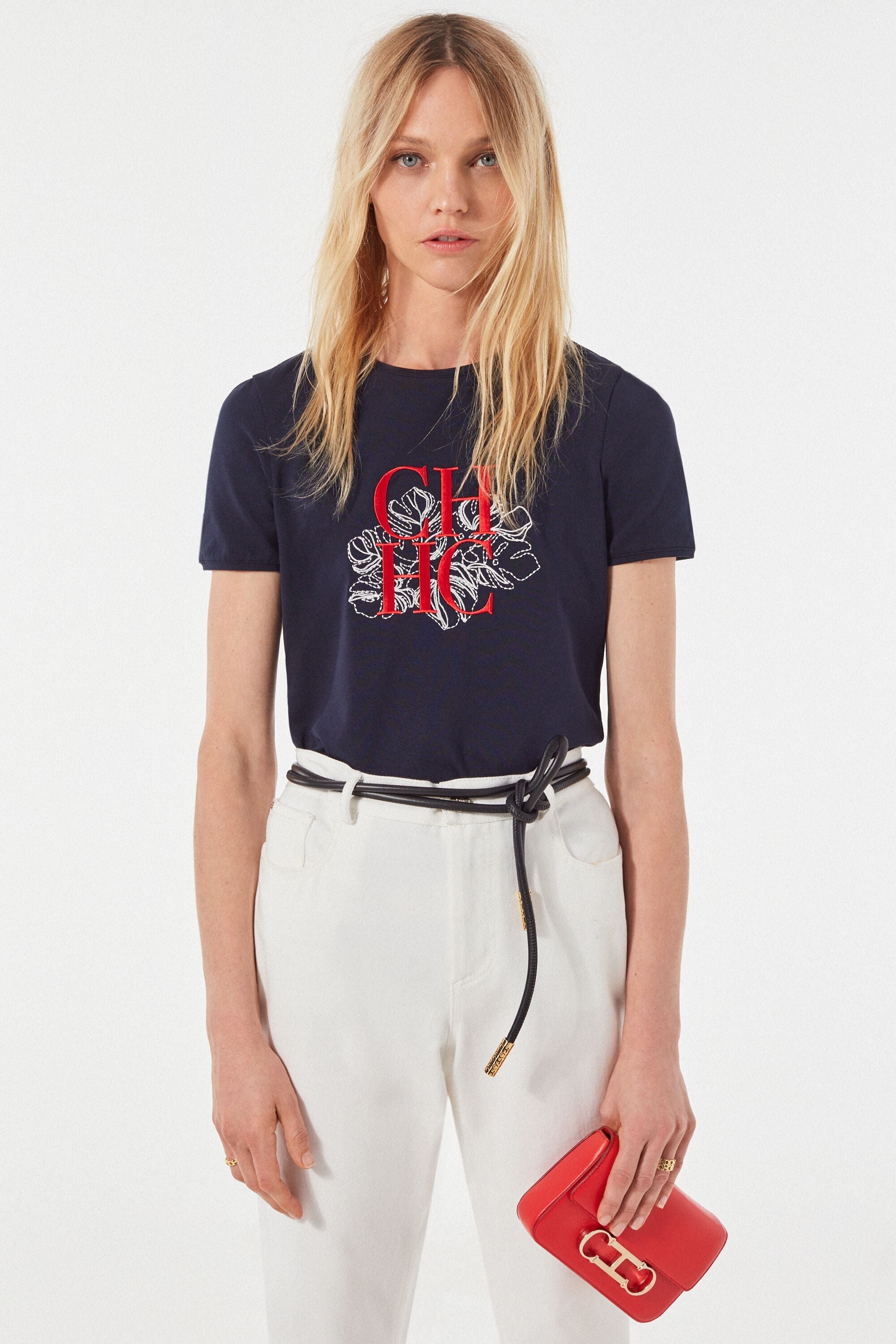 CH T shirt With Flowers Navy CH Carolina Herrera United States CH T shirt With Flowers Navy CH Carolina Herrera United States