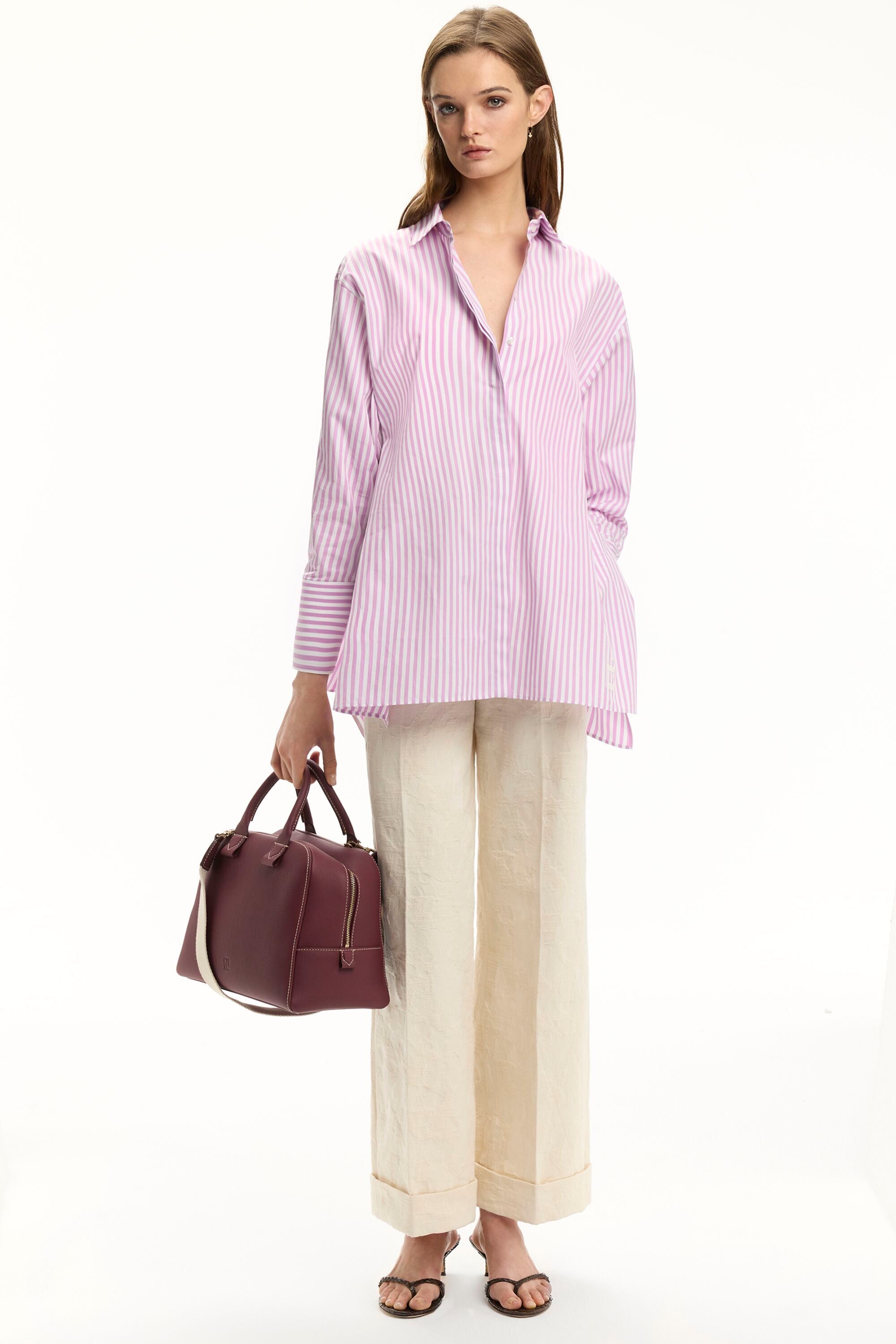 Striped Poplin A-Line Shirt with Pearls white/pink - CH Striped Poplin A-Line Shirt with Pearls white/pink - CH
