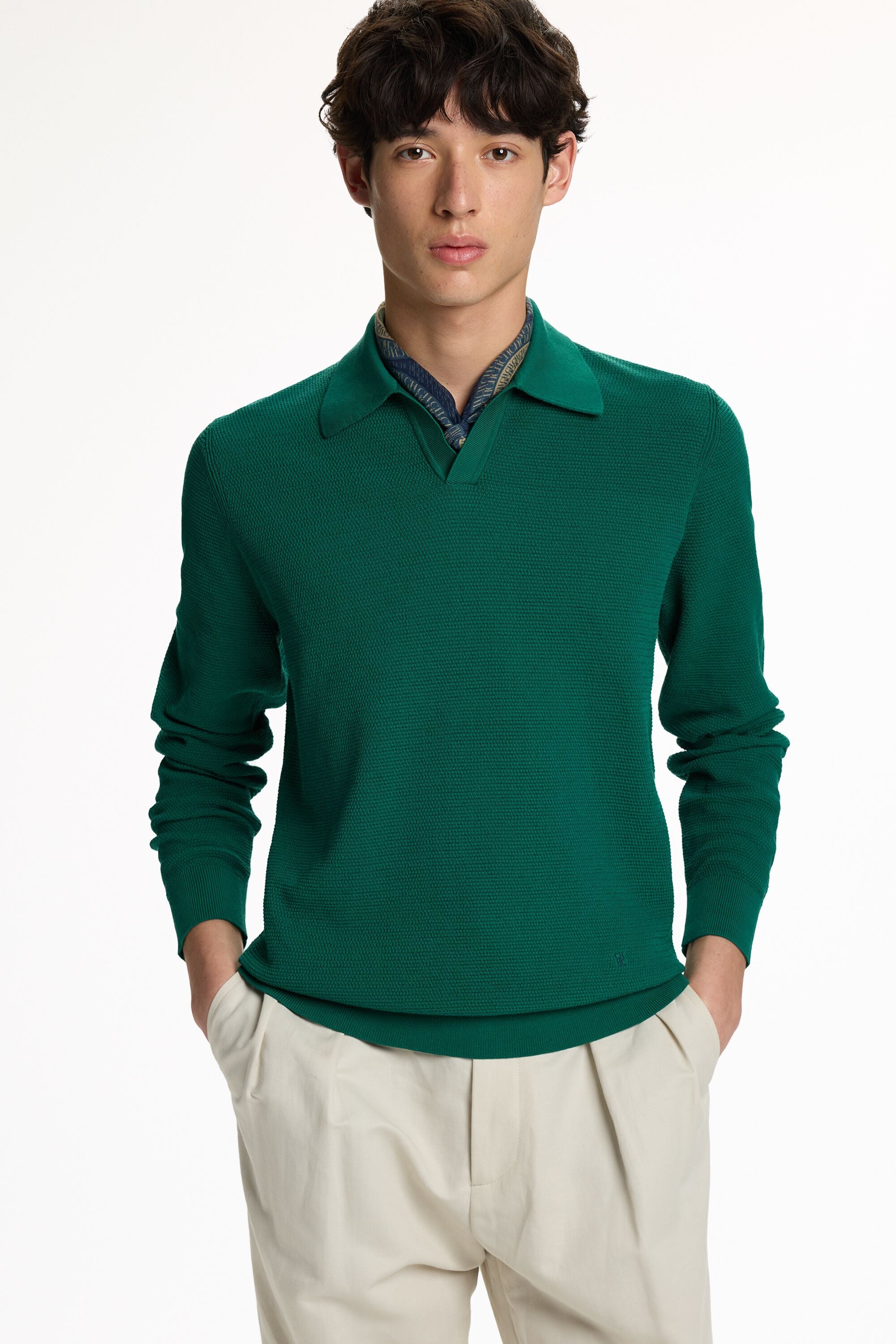 Textured Knit Open-Collar Polo Shirt green - CH Carolina Herrera United ...