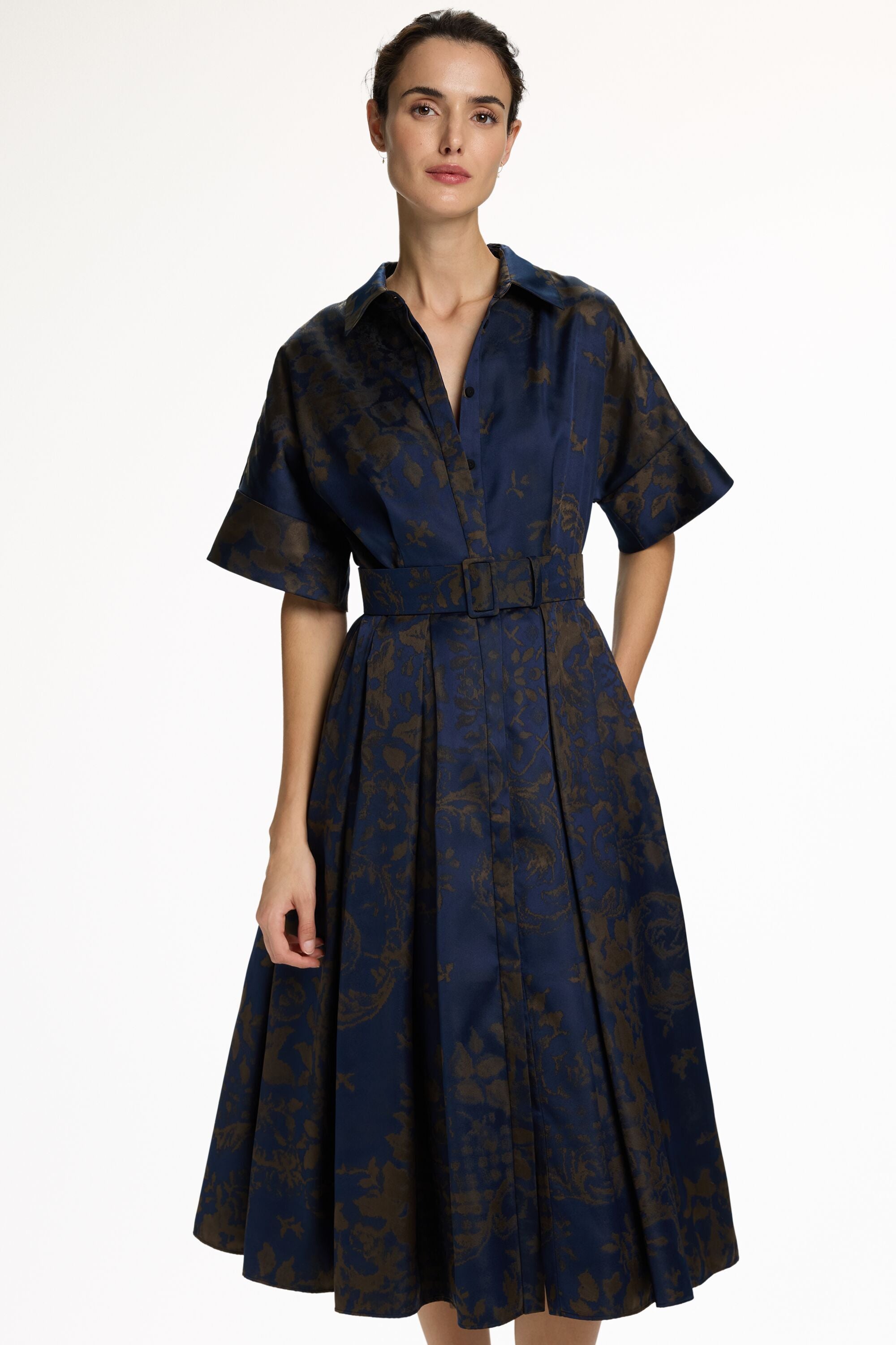 Floral Jacquard Dress with Belt navy/green - CH Carolina Herrera United ...